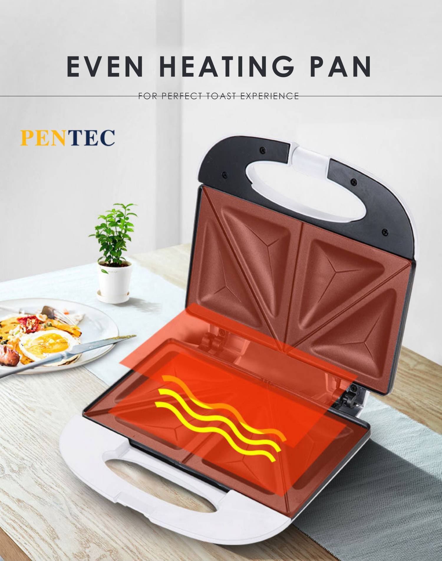 PENTEC Sandwich Maker TAC-1210 White Non Stick Pan Even Heating Light ...